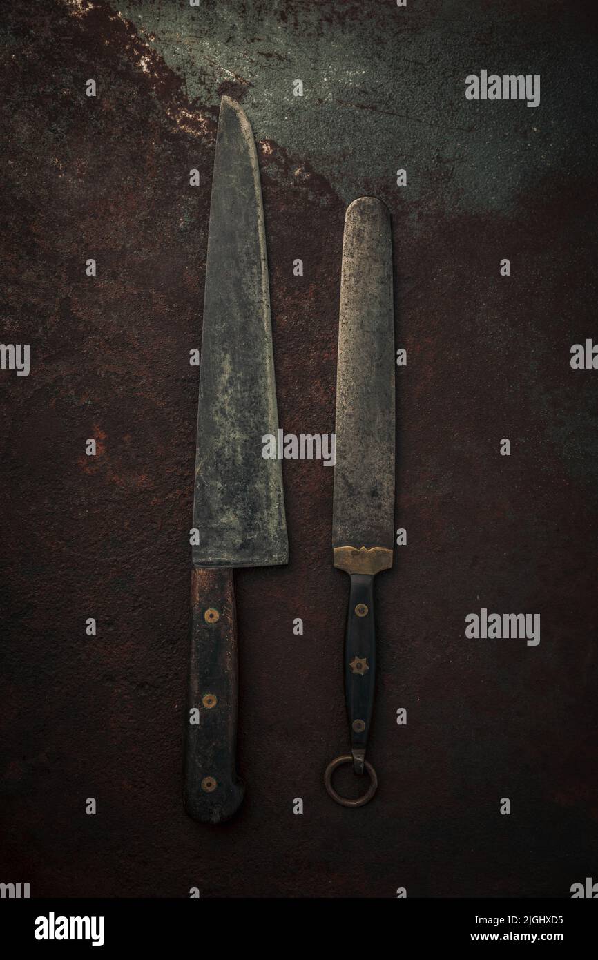 rustic set of kitchen knife and knife sharpener with wooden handle and ...