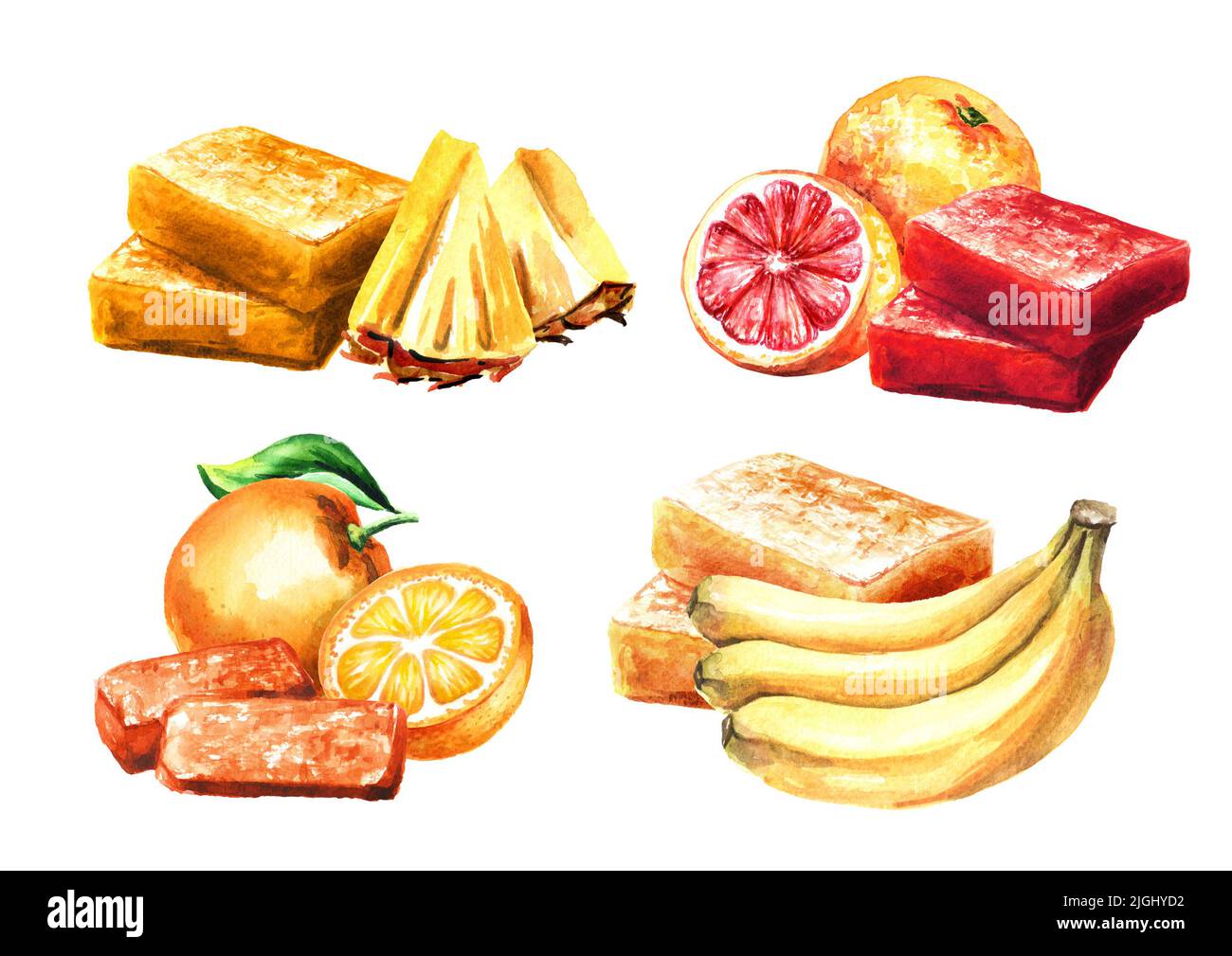Homemade fruit marmalade, jam, jelly set. Hand drawn watercolor ...