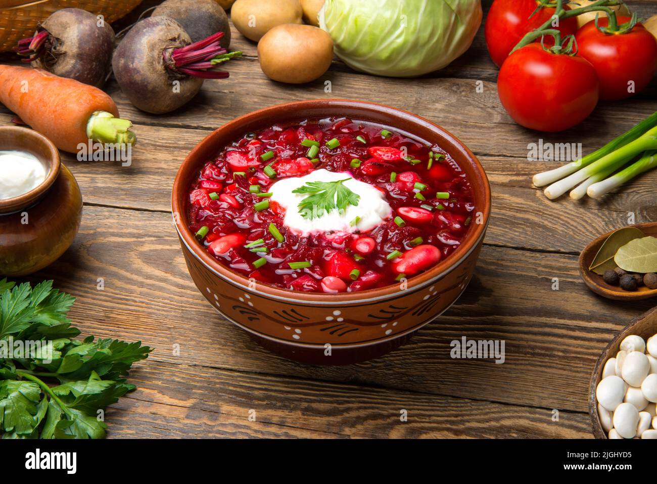 Traditional Ukrainian borscht with beetroot beans meat and vegetables ...