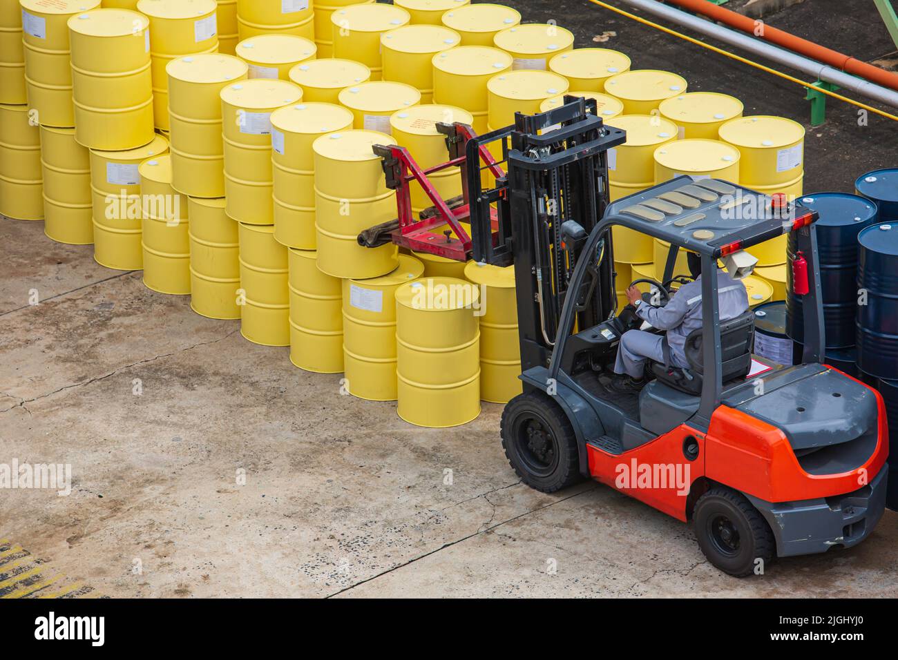 Top view oil barrels forklift truck move for on the transportation ...
