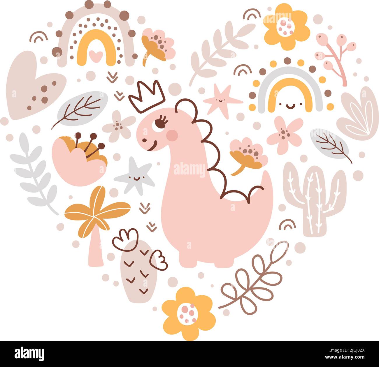 Cute Love vector kids composition in form of heart Dino Girl Greeting ...