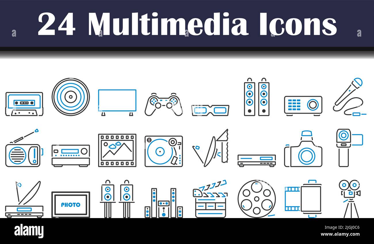 Multimedia Icon Set. Editable Bold Outline With Color Fill Design ...