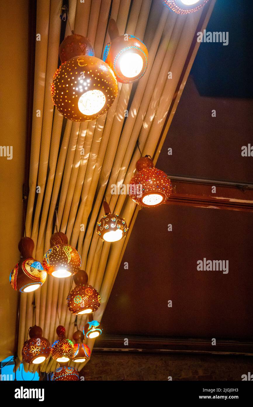 Traditional bright decorative Turkish lamps and colourful lights with ...