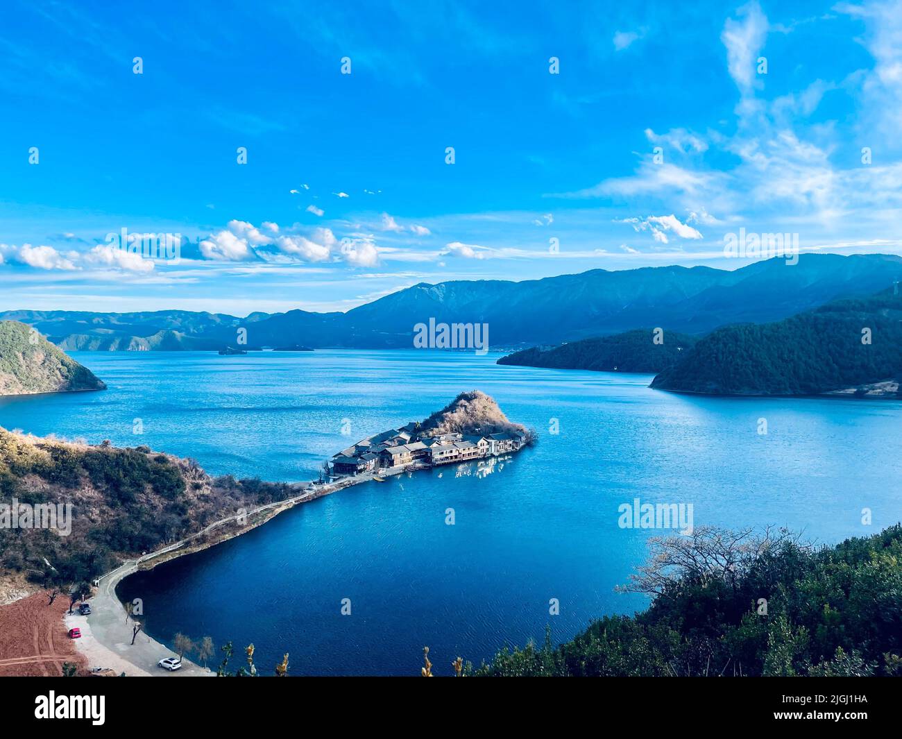 An aerial view of a sunny sky over Lugu Lake in China Stock Photo - Alamy