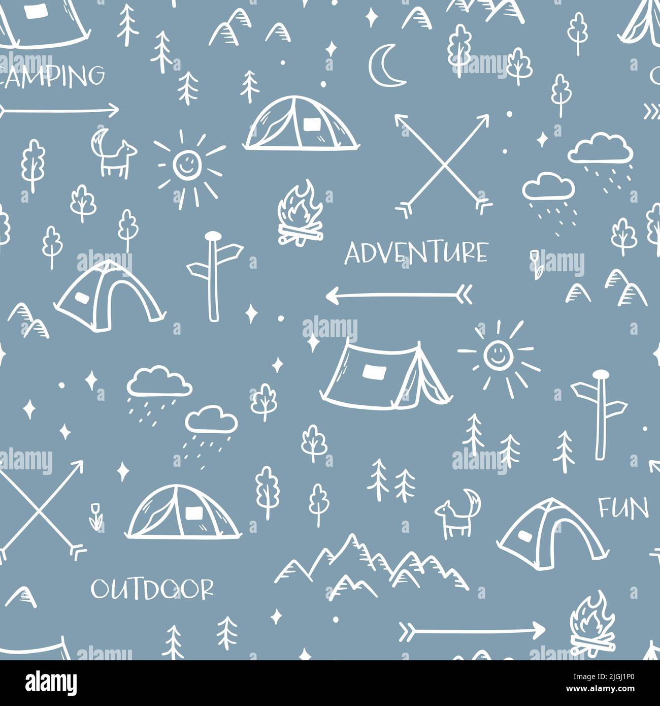 Cute hand drawn vector seamless pattern with camping doodles, tents ...