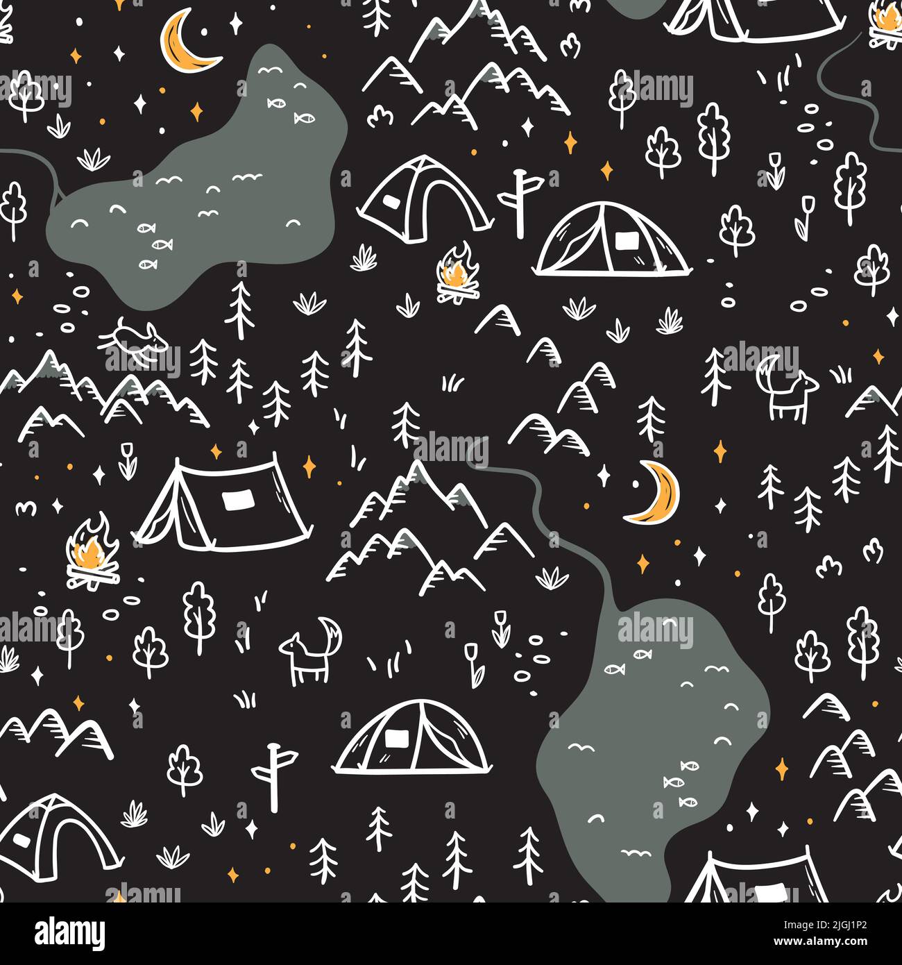 Cute hand drawn vector seamless pattern with camping doodles, tents ...