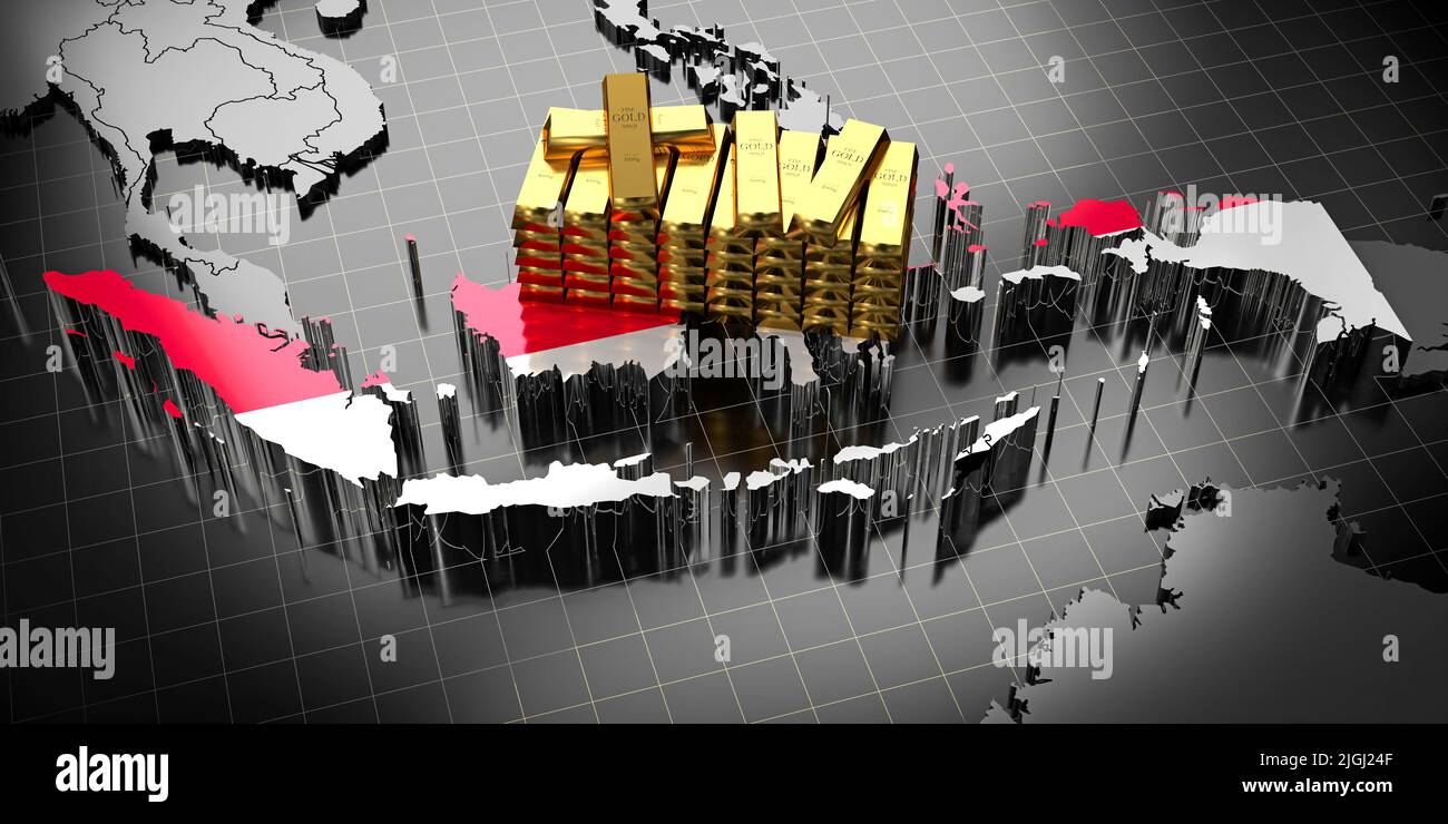 Indonesia map and flag, gold ingots - 3D illustration Stock Photo - Alamy