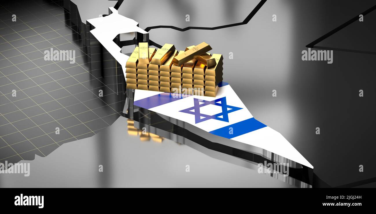 Israel map and flag, gold ingots - 3D illustration Stock Photo - Alamy