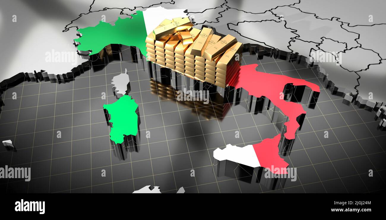 Italy map and flag, gold ingots - 3D illustration Stock Photo - Alamy