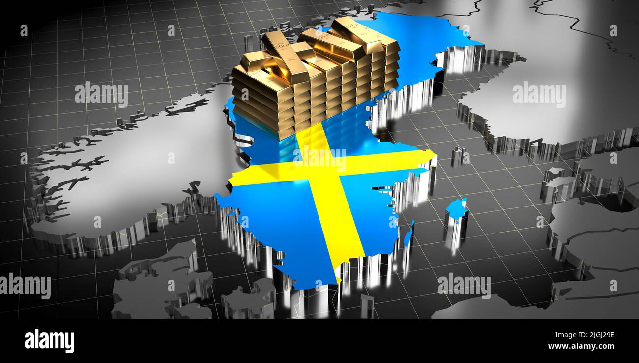 Sweden map and flag, gold ingots - 3D illustration Stock Photo - Alamy
