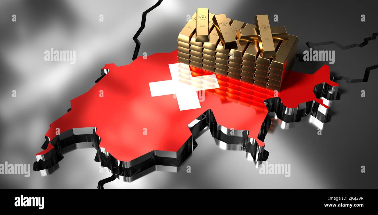 Switzerland map and flag, gold ingots - 3D illustration Stock Photo - Alamy