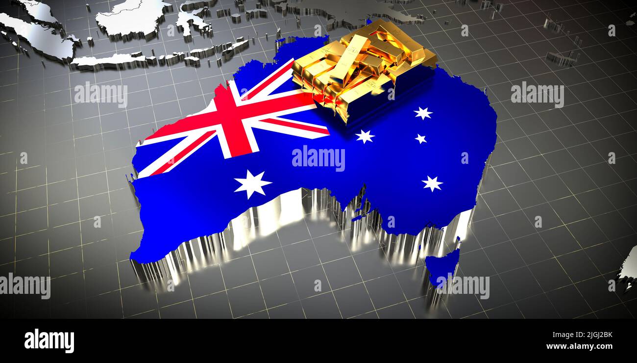 Australia map and flag, gold ingots - 3D illustration Stock Photo - Alamy