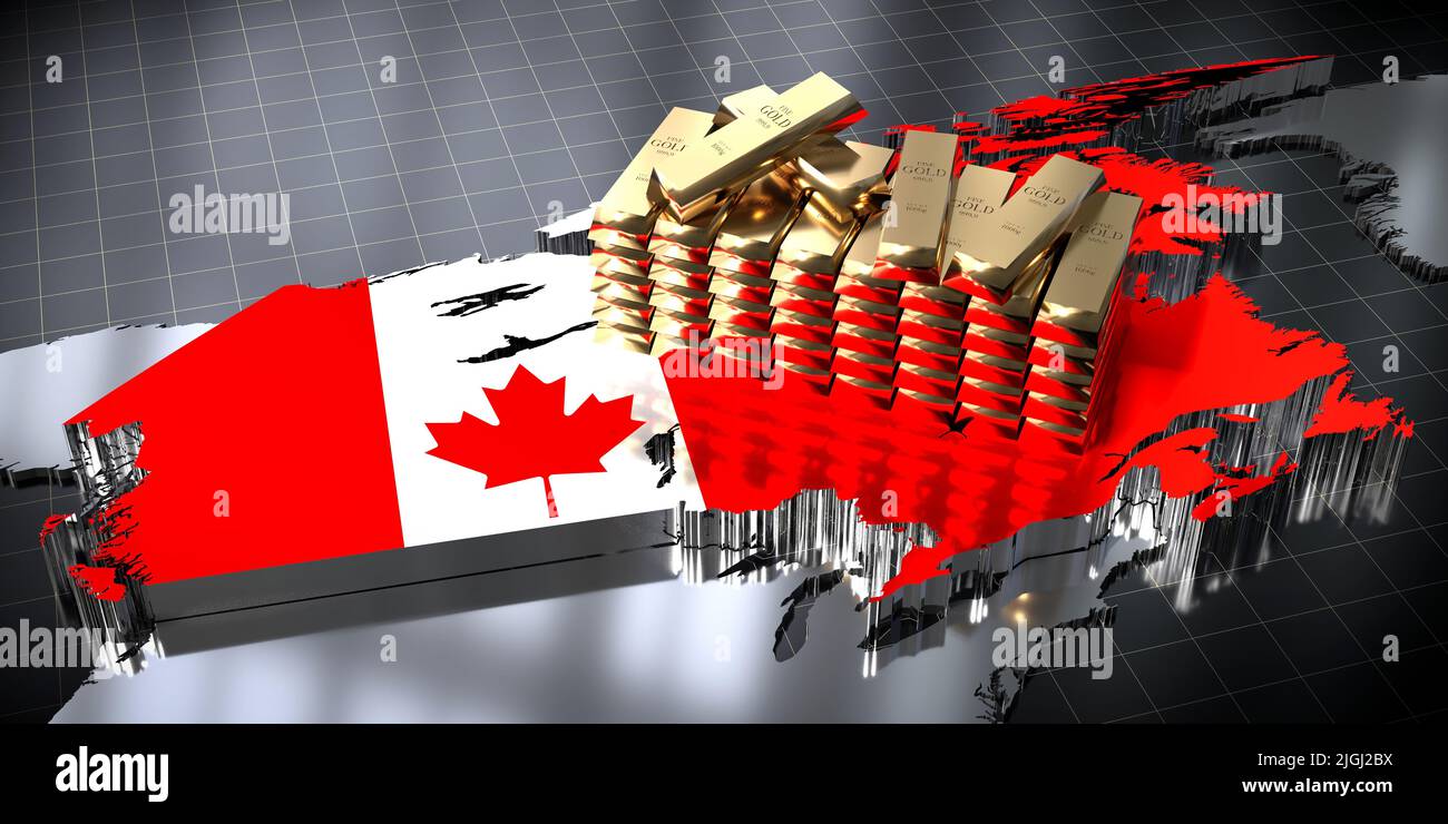 Canada map and flag, gold ingots - 3D illustration Stock Photo - Alamy