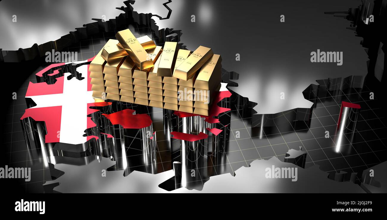 Denmark map and flag, gold ingots - 3D illustration Stock Photo - Alamy