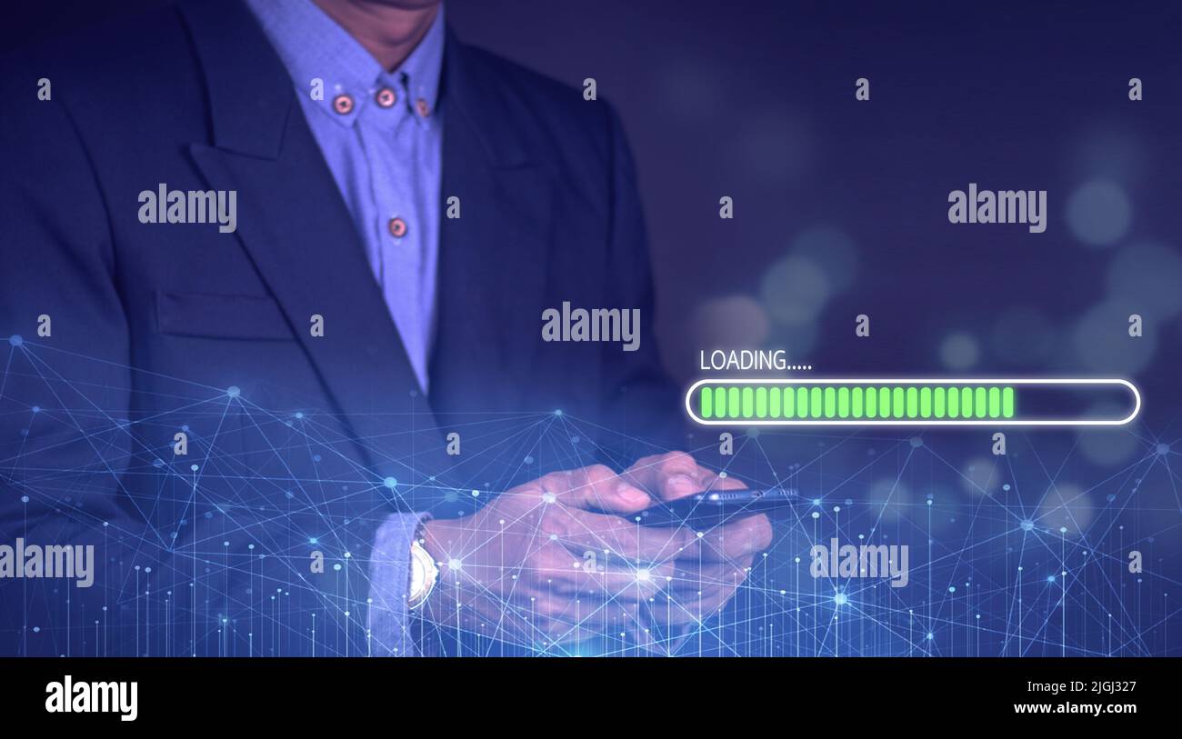 Man using mobile smartphone for download application and waiting to ...