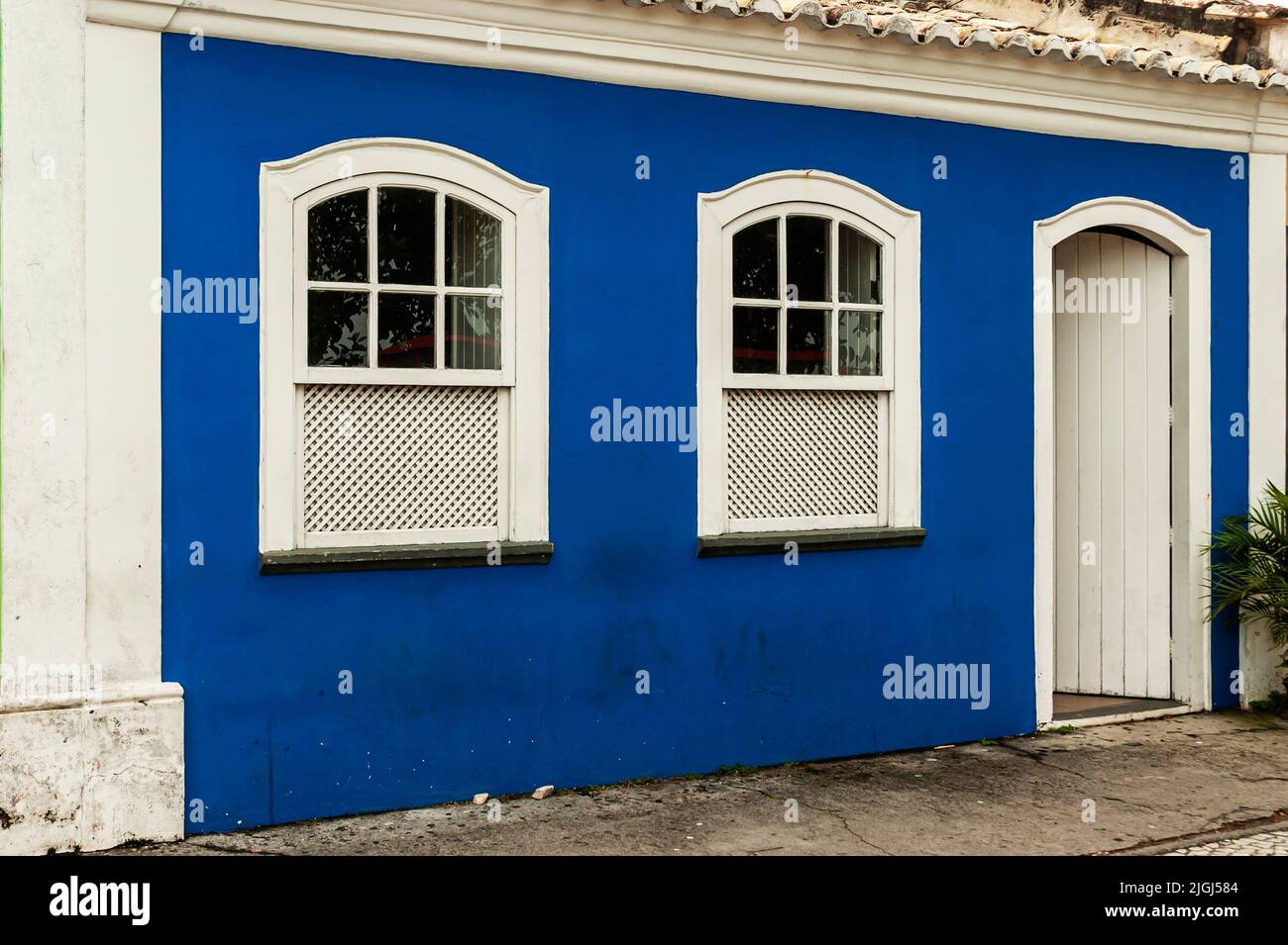 Nice facade. City of Porto Seguro. Bahia.Old house in blue color and ...