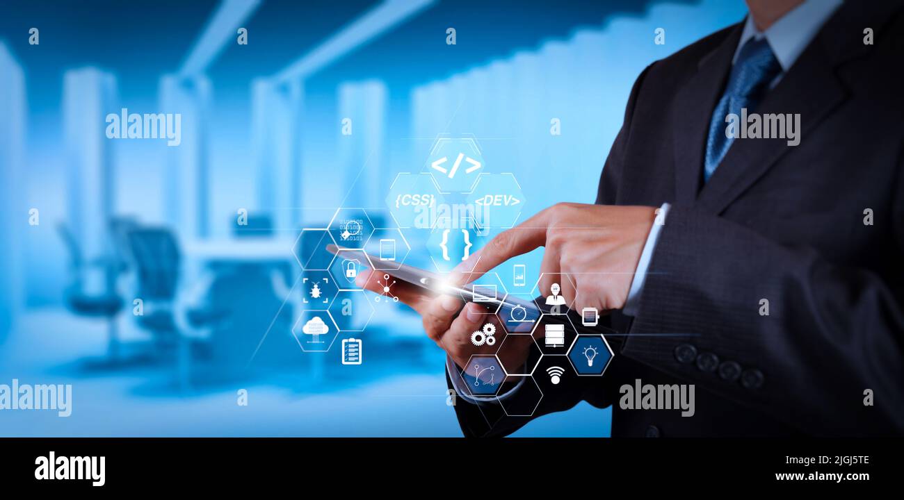 A Coding Software Developer Working With An Augmented Reality Dashboard With Computer Icons