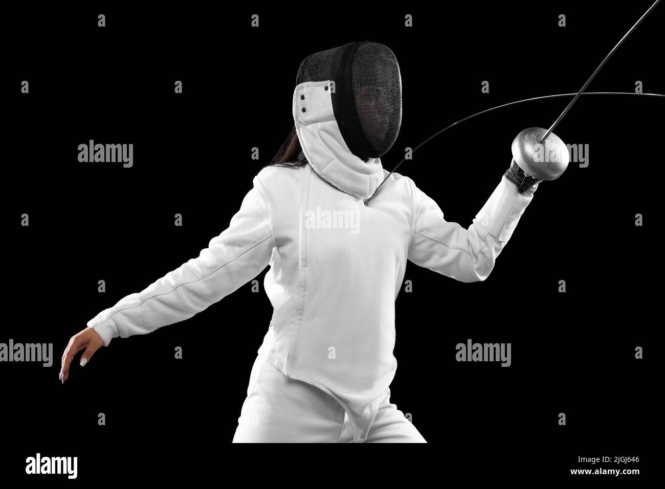 Sportive girl, female fencer in white fencing costume and mask in ...