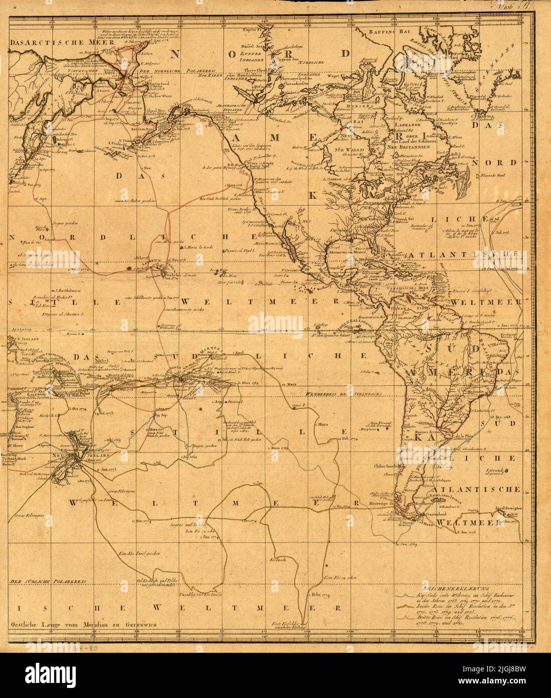 Map of Voyages of Captain James Cook 1768-1780, by H. Benedetti. German ...
