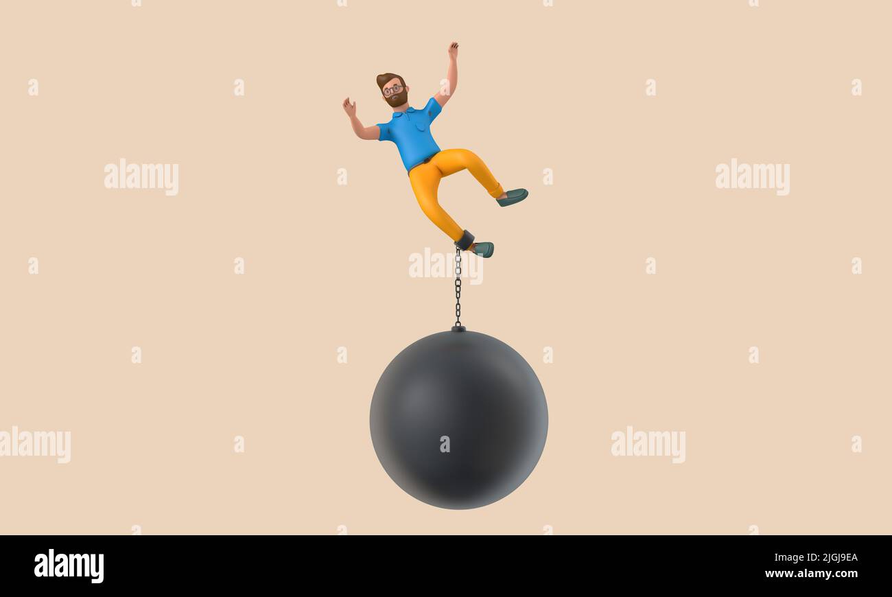 Business character chained to a large falling ball. 3D Rendering Stock ...