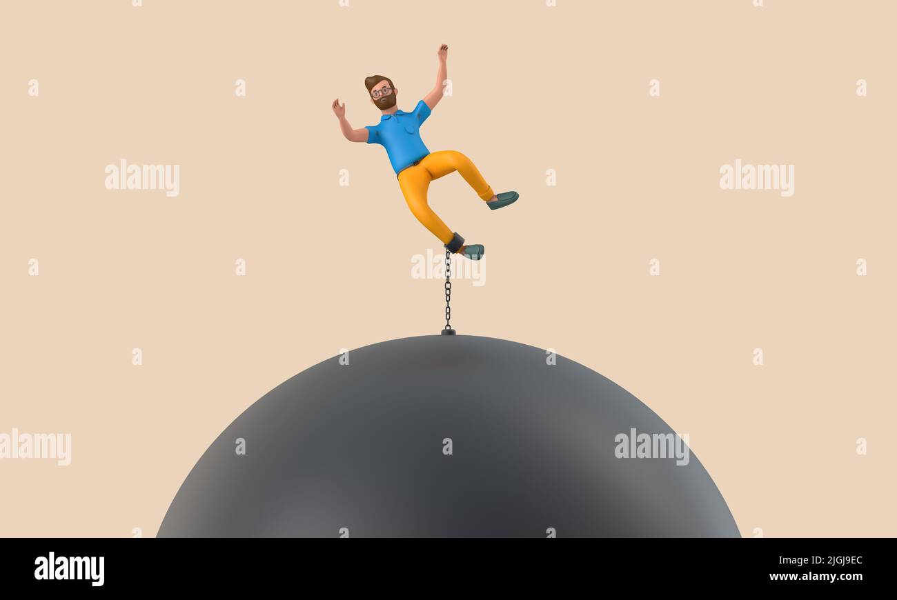 Business character chained to a large falling ball. 3D Rendering Stock ...