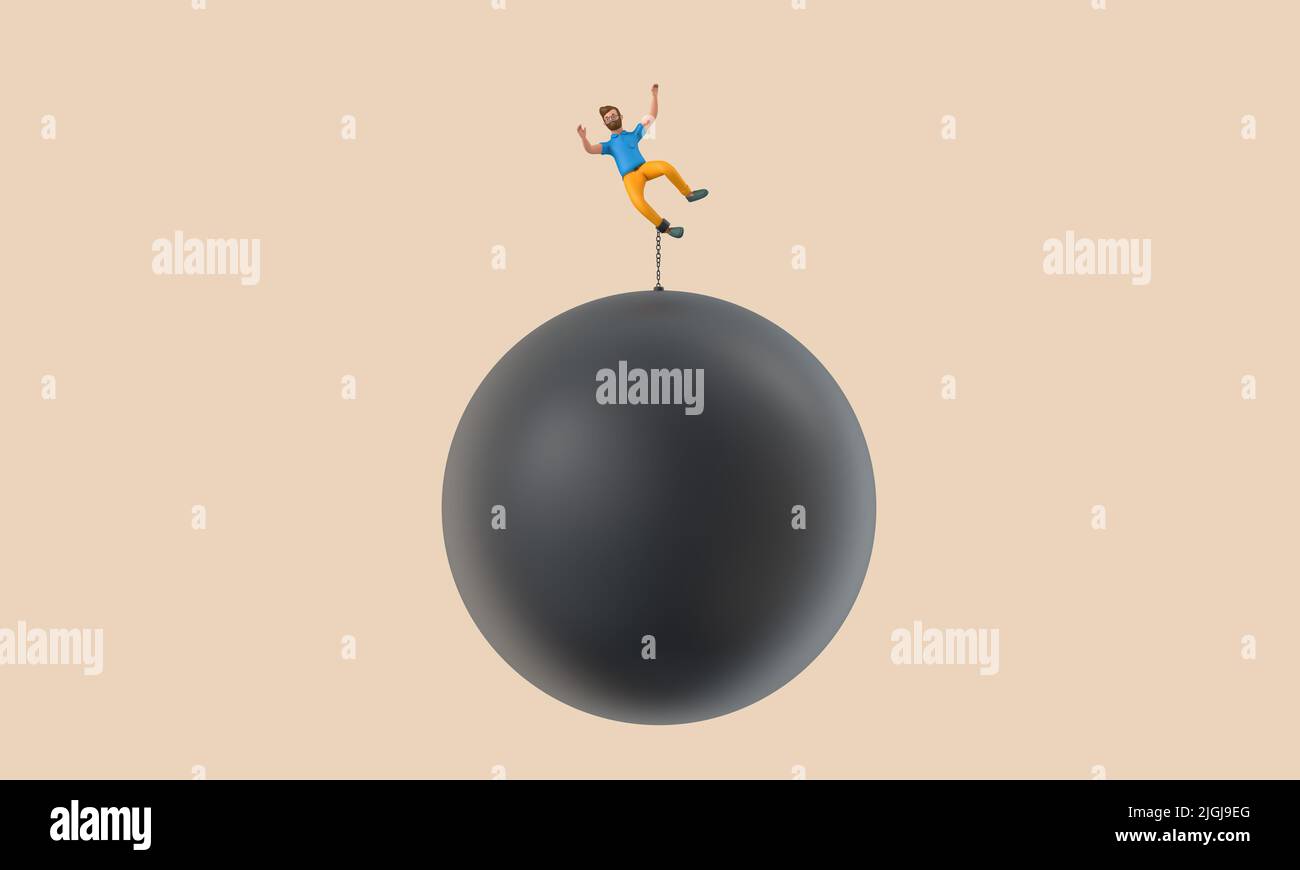 Business character chained to a large falling ball. 3D Rendering Stock ...
