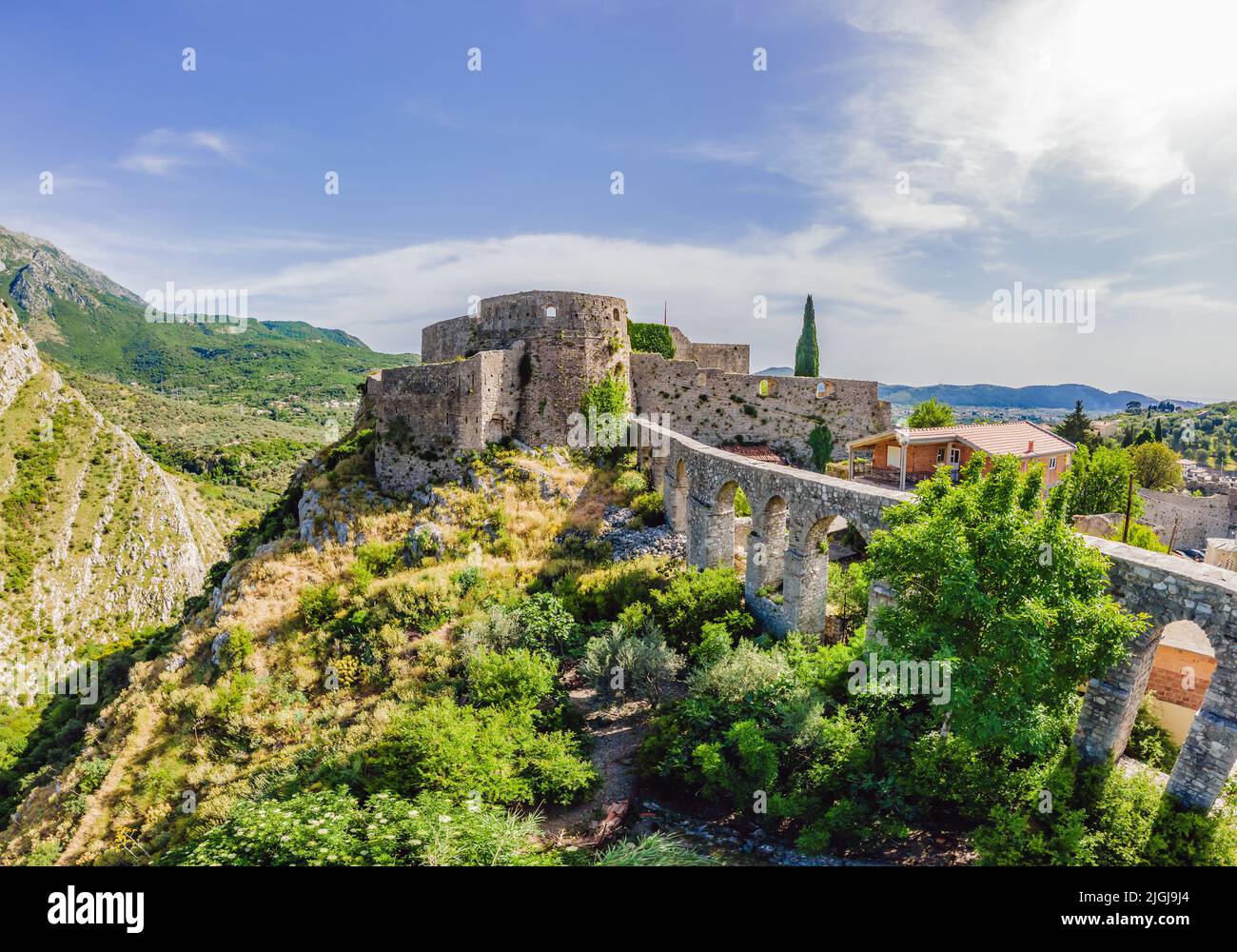 Old city. Sunny view of ruins of citadel in Stari Bar town near Bar ...