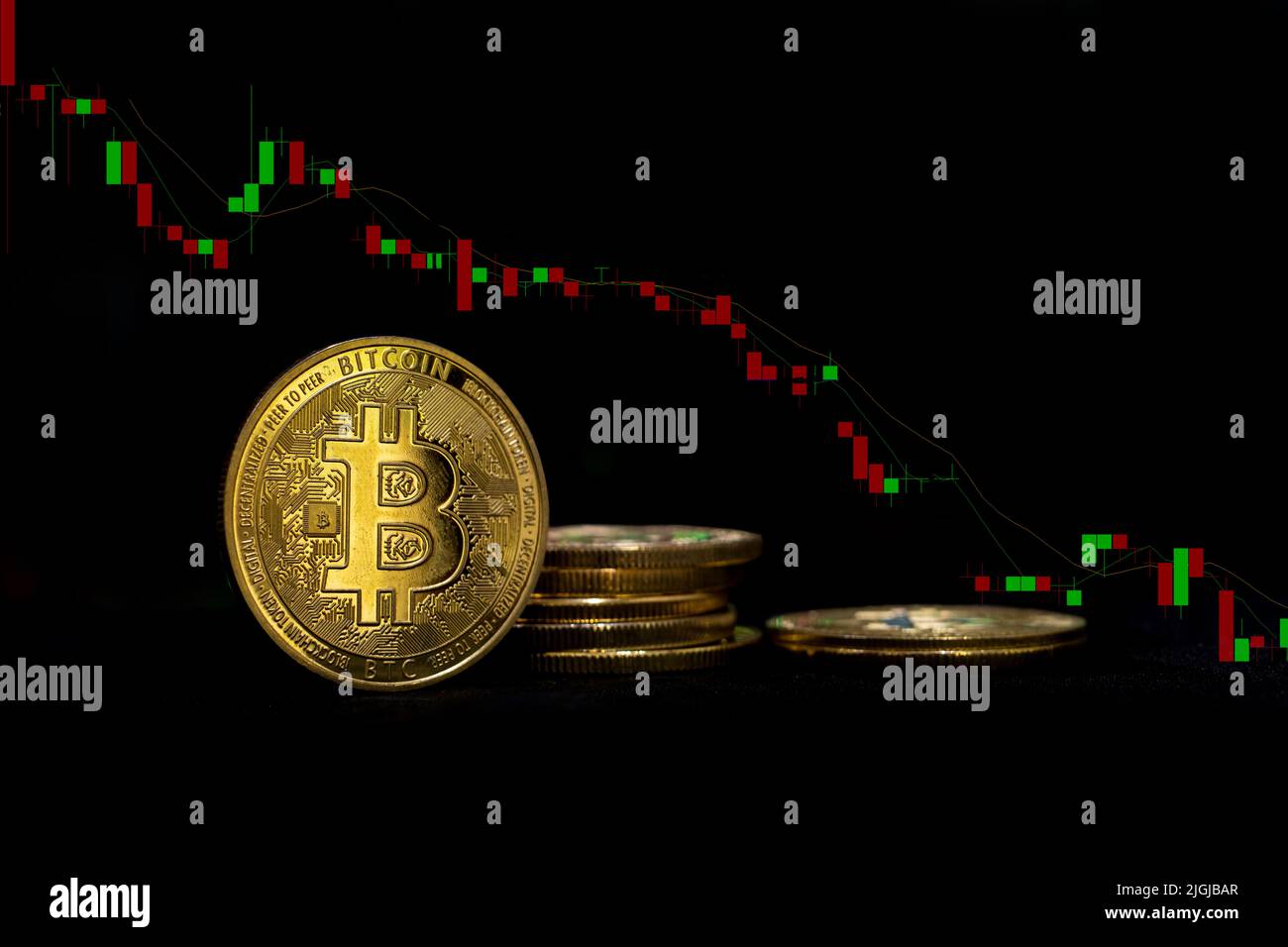 Golden bitcoin cryptocurrency at trading chart background Stock Photo ...