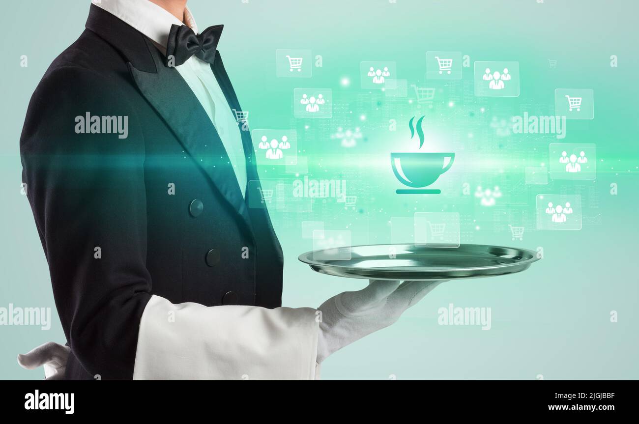 Waiter serving business idea concept Stock Photo - Alamy