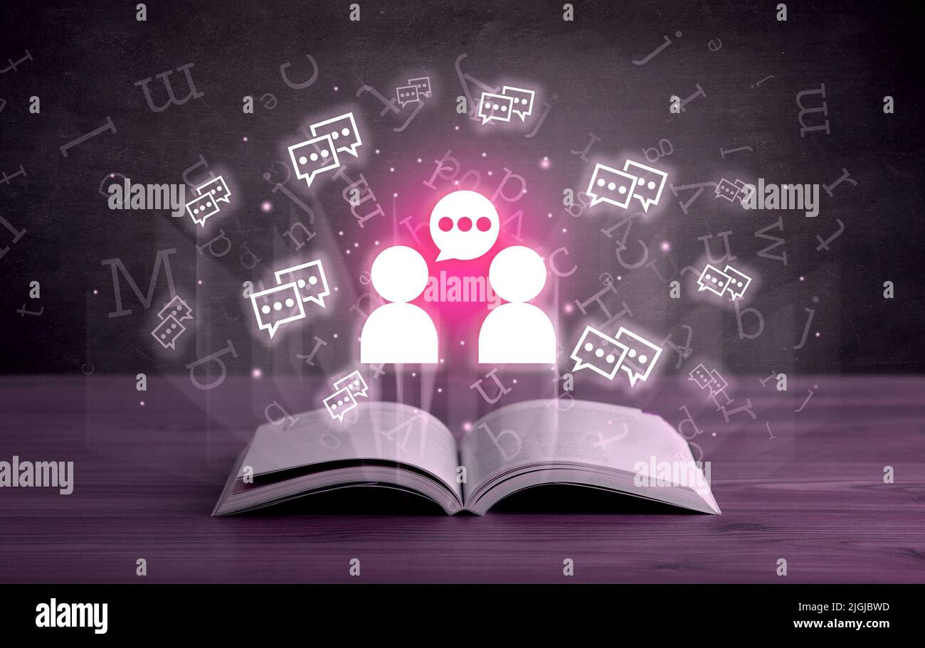 Open book with social networking icons above Stock Photo - Alamy