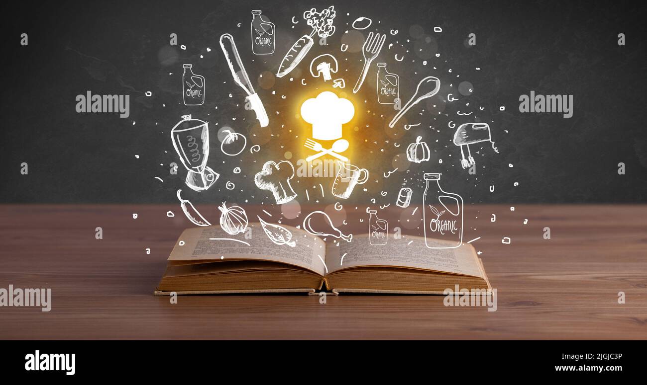 Open recipe book with food related icons above Stock Photo - Alamy