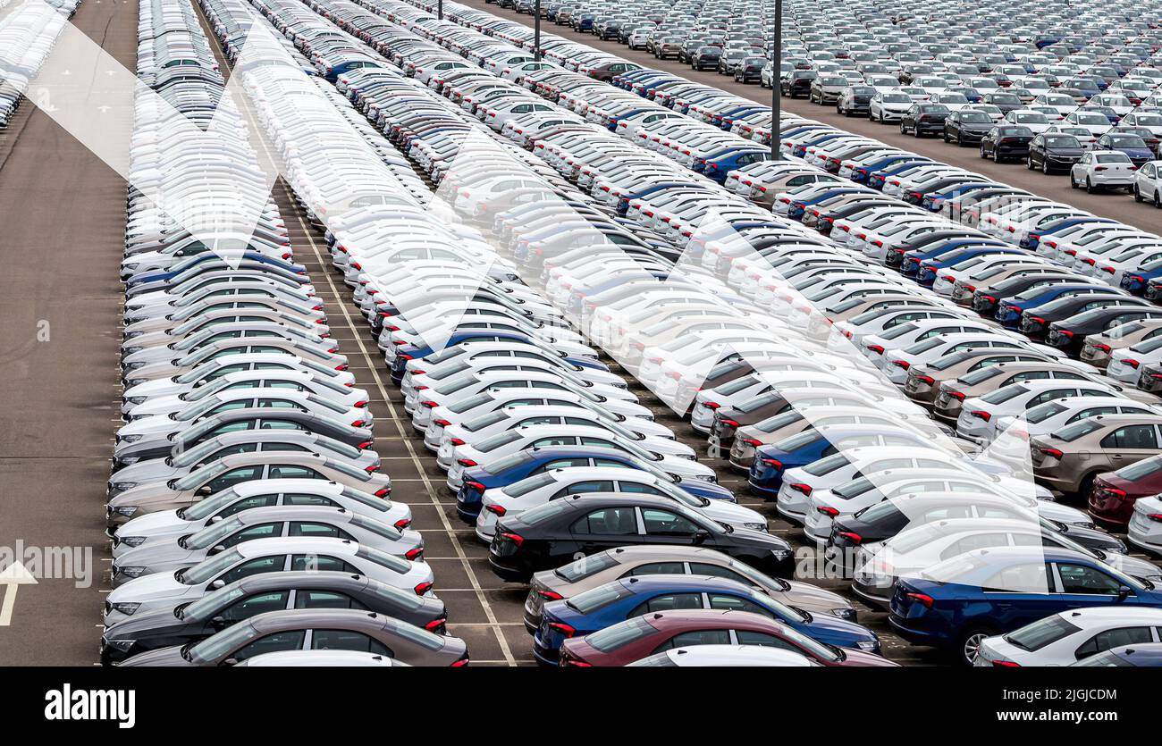 The concept of a decline in car production or prices. Manufacturing ...