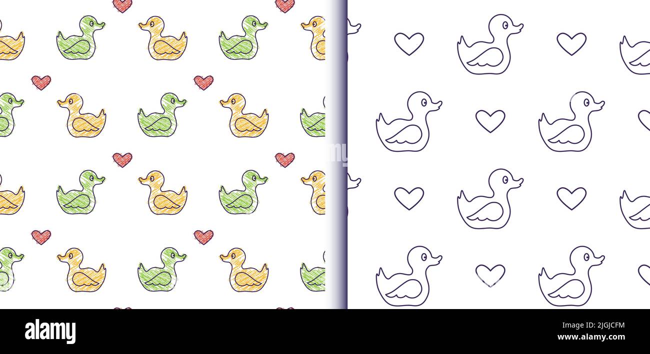 Duck Toy outline seamless patterns, collection of 2. Cute bird ...