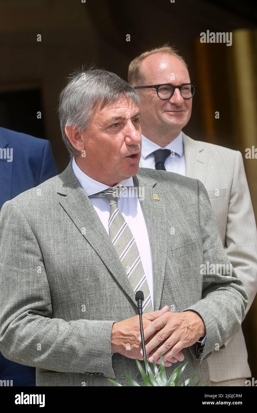 Brussels, Belgium. 11th July, 2022. Flemish Minister President Jan Jambon delivers a speech at a ...