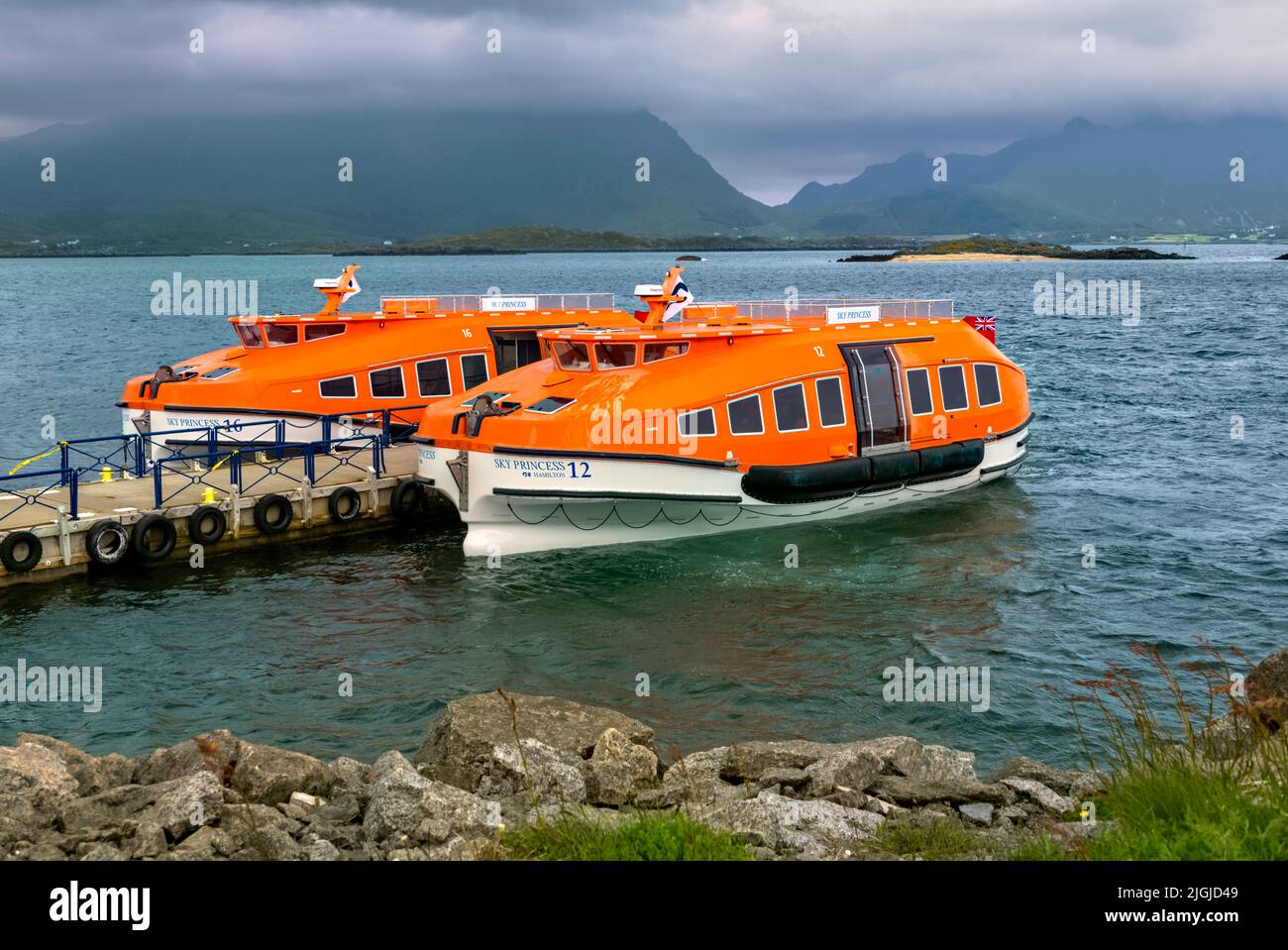 Sky Princess cruise ship lifeboat tenders, Lofoten Islands, Gravdal ...