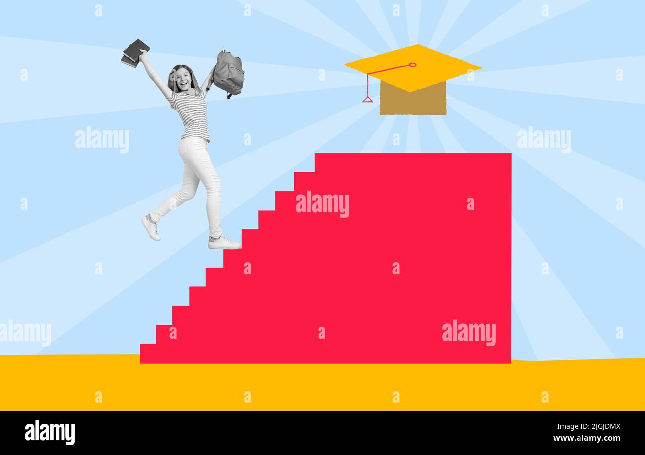 Drawing collage of happy crazy teen school child achieve dream goal ...