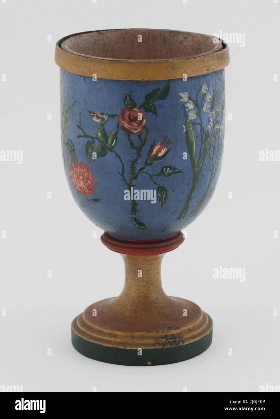 Pokal Cup of turned wood, the beaker area is externally painted blue ...