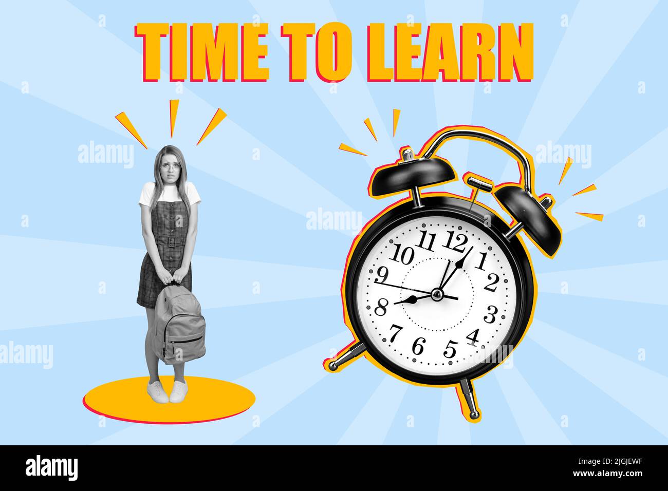 Magazine advert collage of sad afraid school lady scared about learning ...