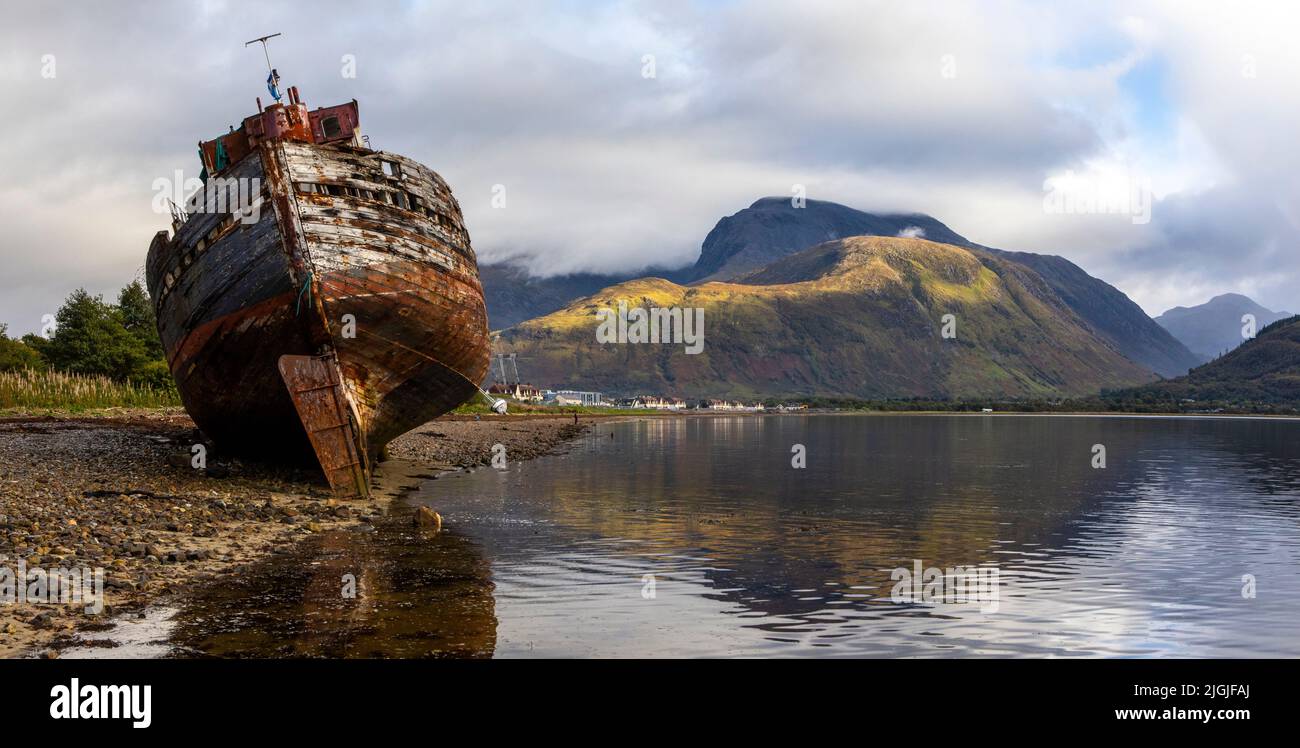 The shipwrecked Old Boat of Caol with Ben Nevis in the distance, in the ...
