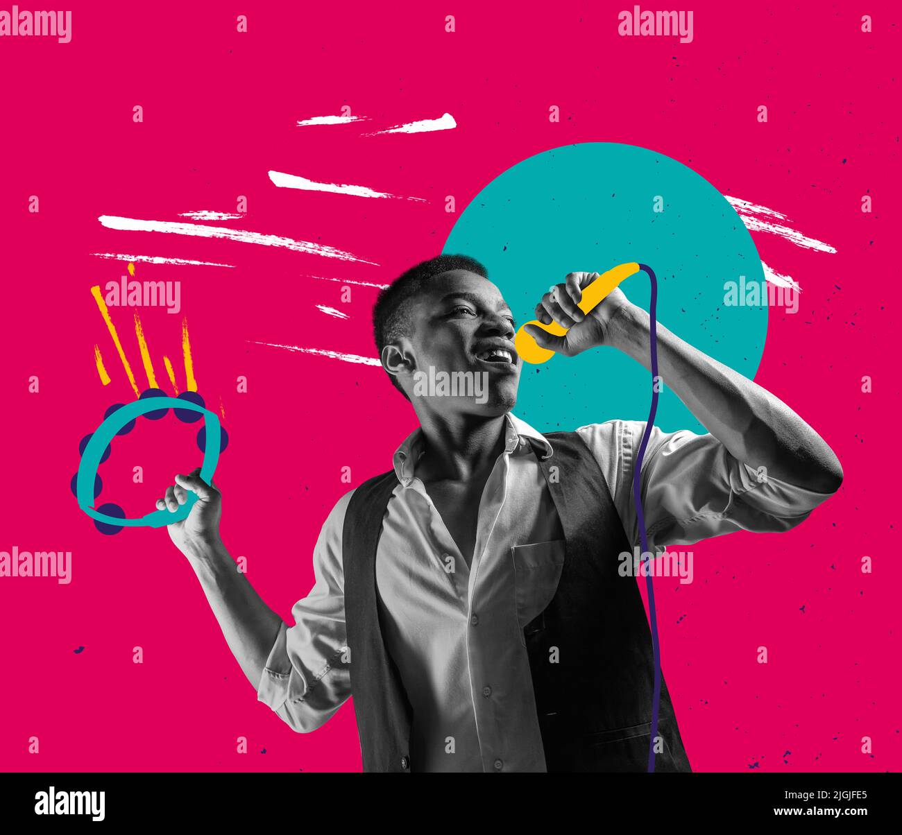Singer with drawn microphone on bright colorful background ...