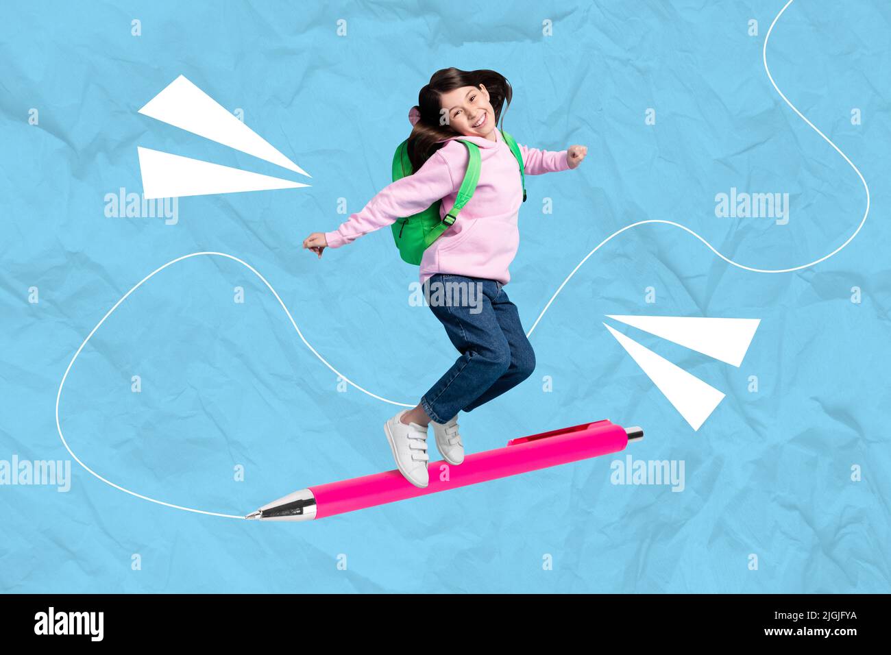 Magazine poster collage of happy school child ride pencil writing line ...