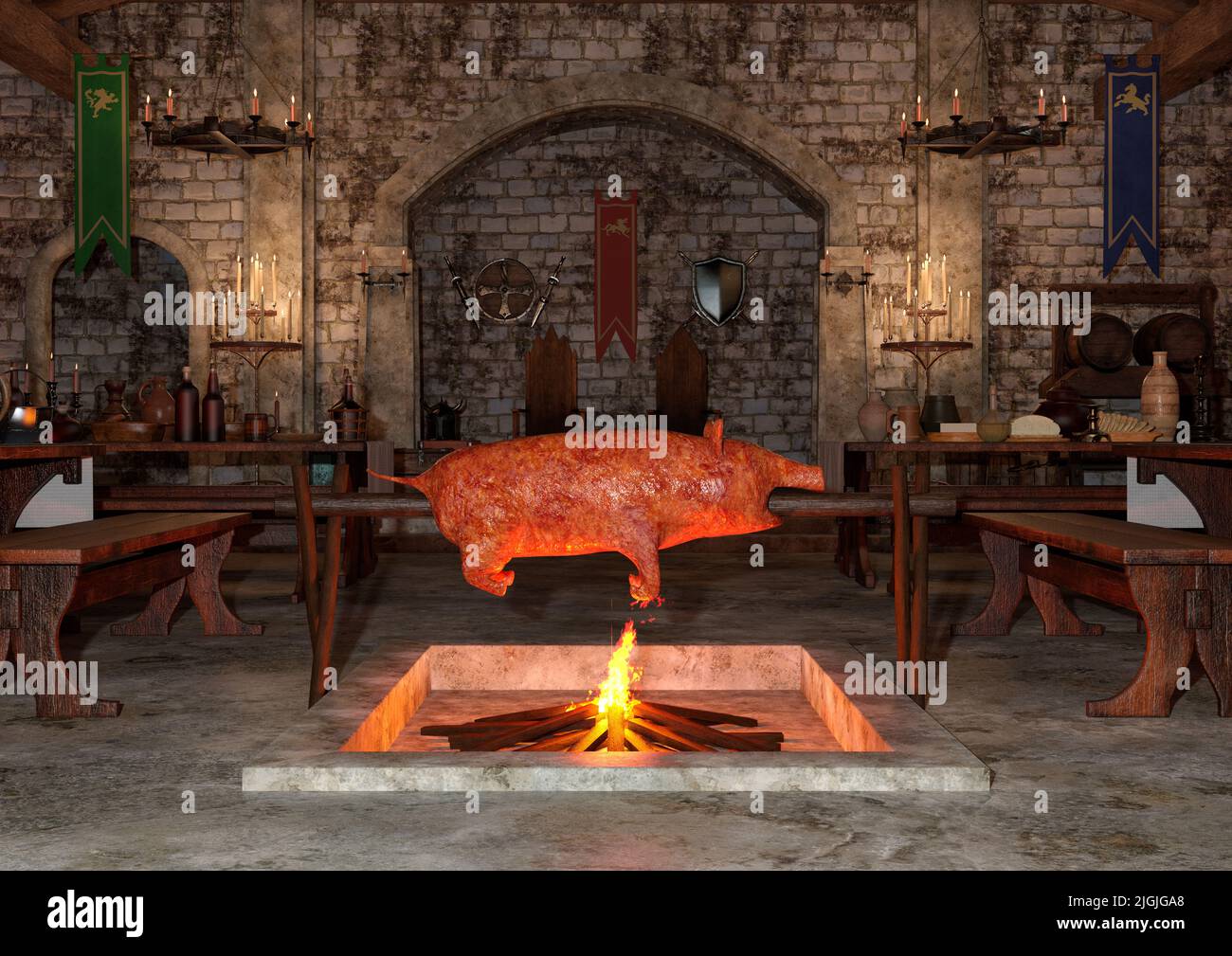 3D rendering of a medieval viking hall interior Stock Photo - Alamy