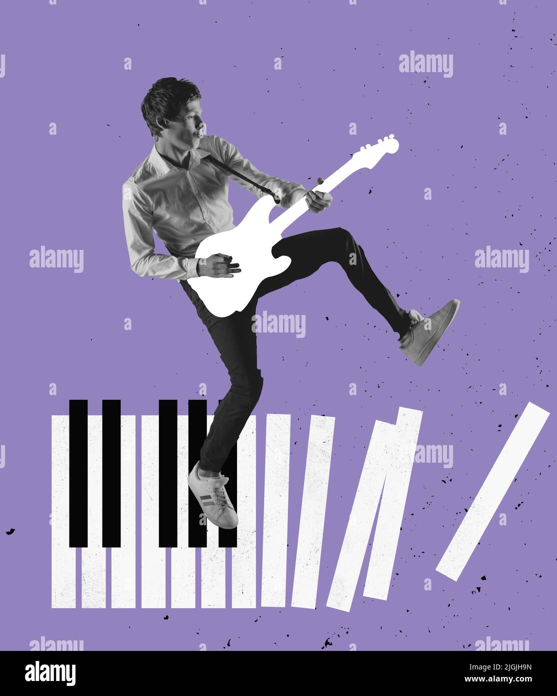 Contemporary art collage of young man palying hand-drawn guitar ...