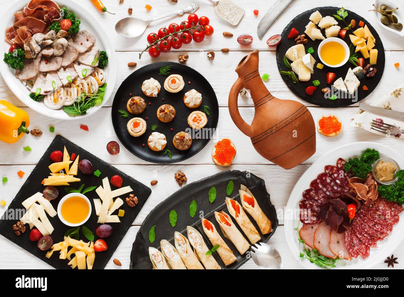 Russian traditional snacks, tableful, banquet Stock Photo - Alamy