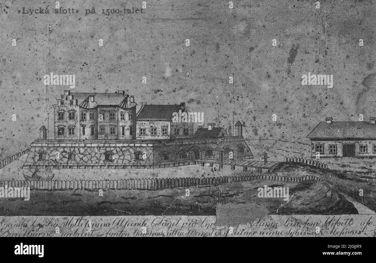 Slott Picture of Lyckå castle in the 16th century. Postcard Stock Photo ...