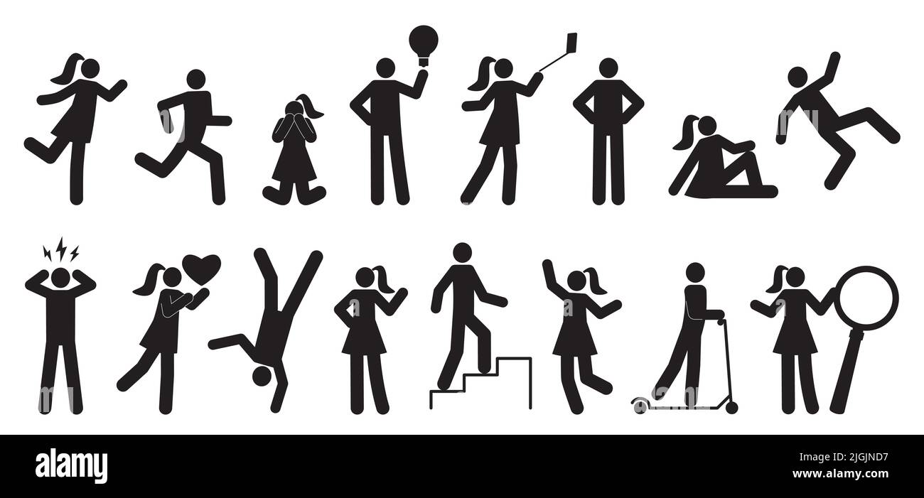 Stickman characters. Black silhouette people, man and woman, different ...