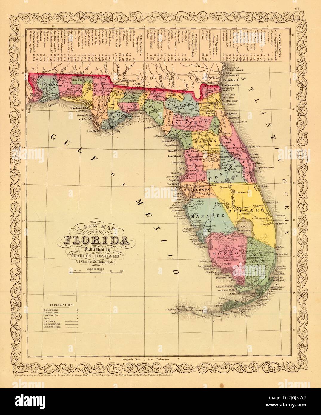 Map of Florida, 1859, by Charles Desilver Stock Photo - Alamy