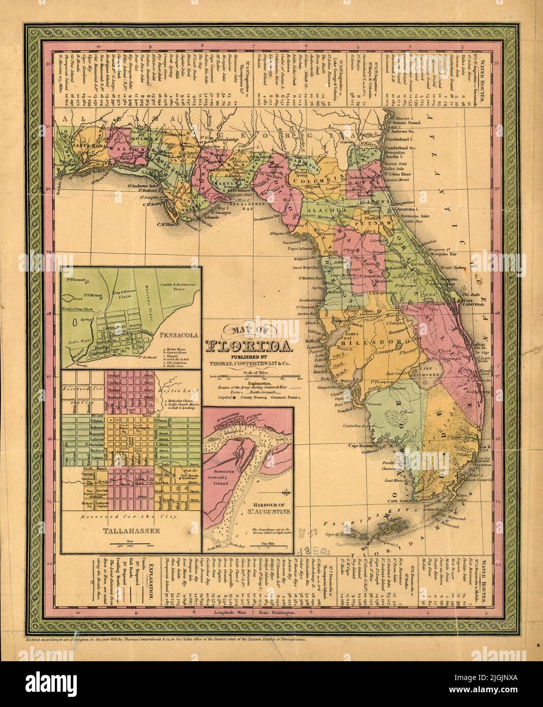 Map of Florida, 1850, by Thomas, Cowperthwait and Company Stock Photo ...