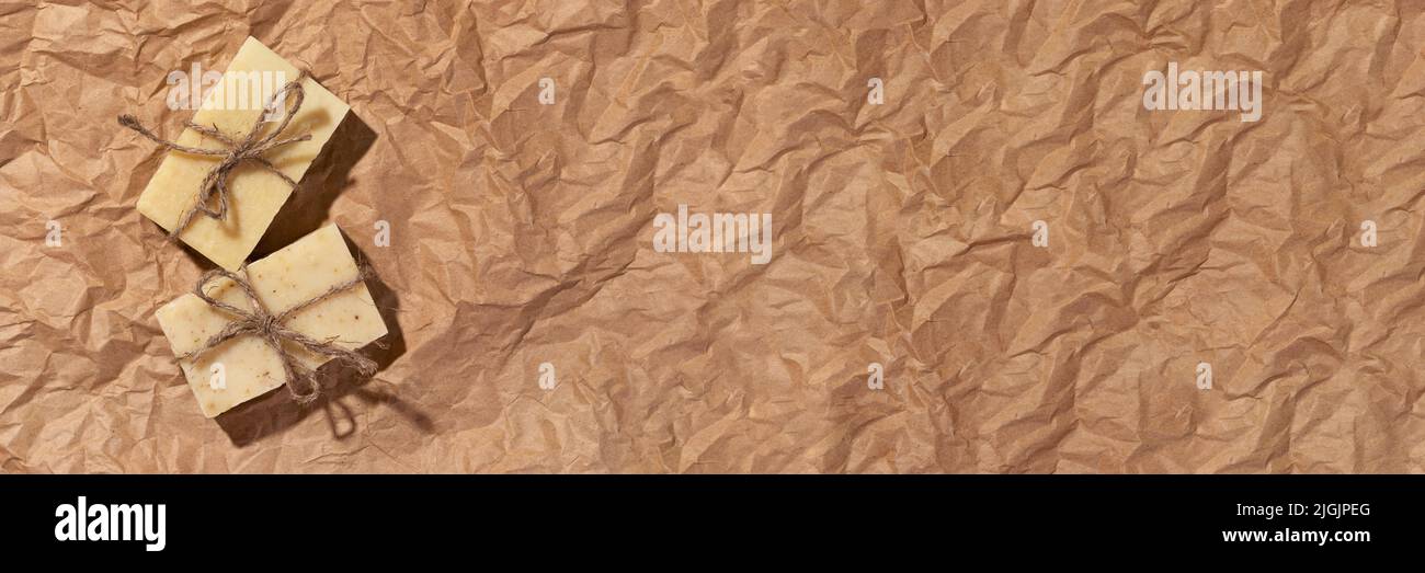 Natural handmade soaps on brown crumpled, wrinkled recycle craft paper ...