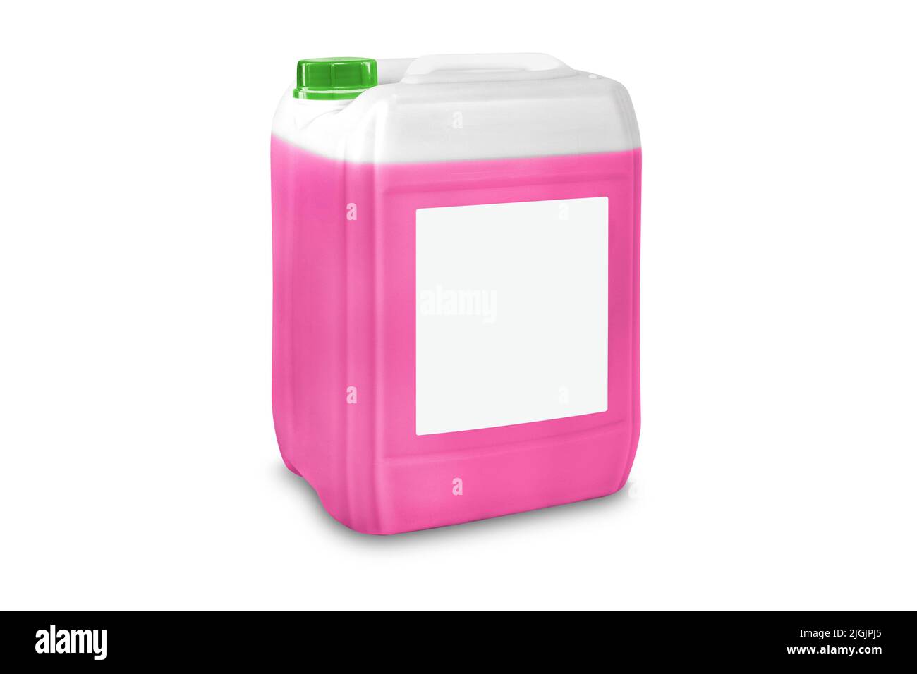 Can with liquid, isolated on white. Pink antifreeze liquid for car in ...